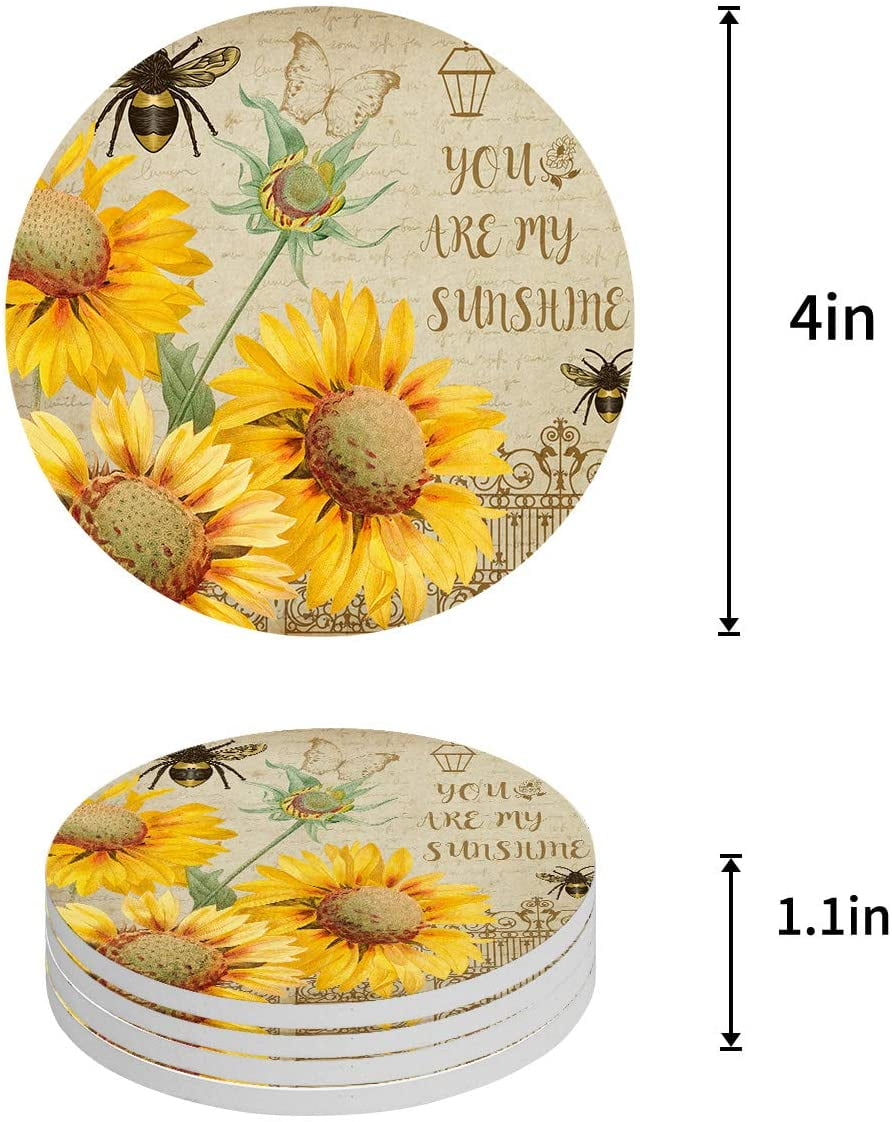 ZHANZZK Yellow Sunflower and Bee Retro Set of 4 Round Coaster for ...