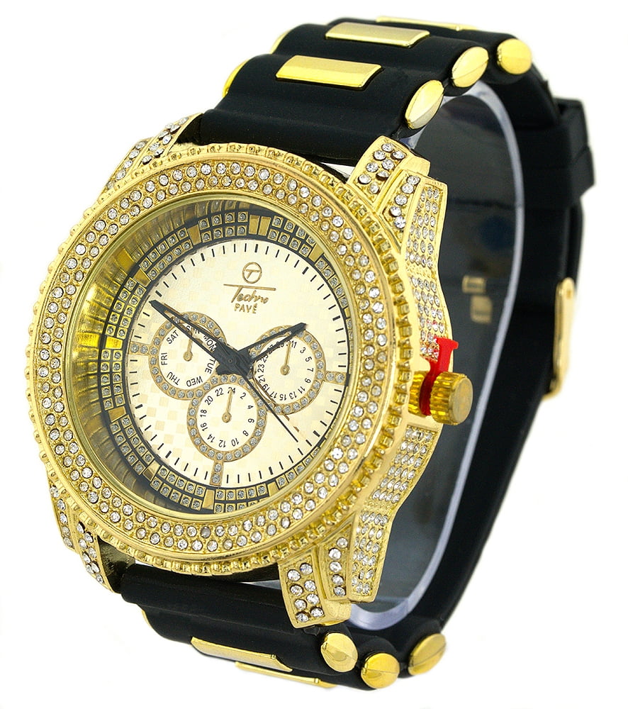 Men's big heavy gold tone clear CZ clubbing watch 51mm - Walmart.com