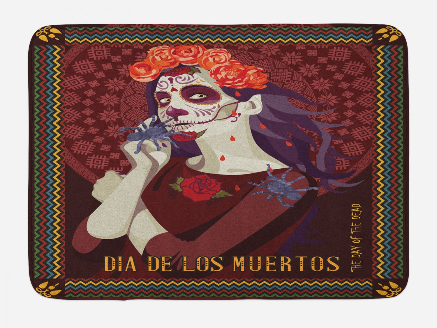 Day Of The Dead Bath Mat, Dia de los Muertos Print Woman with Calavera ...