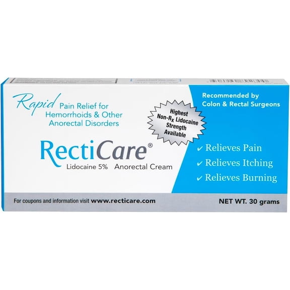 Recticare Anorectal Lidocaine 5% Cream, 15g Fast Relief for Burn ...