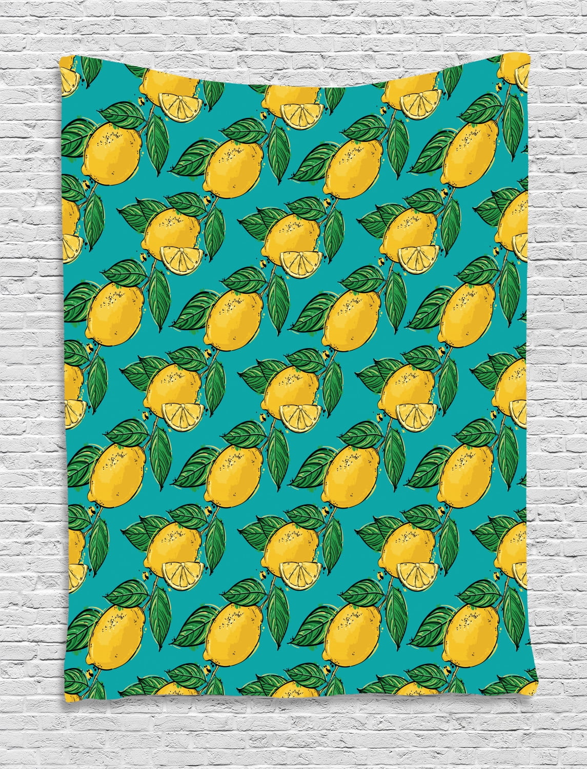 Vegan Tapestry, Hand Drawn Abstract Pattern with Lemons on Blue ...
