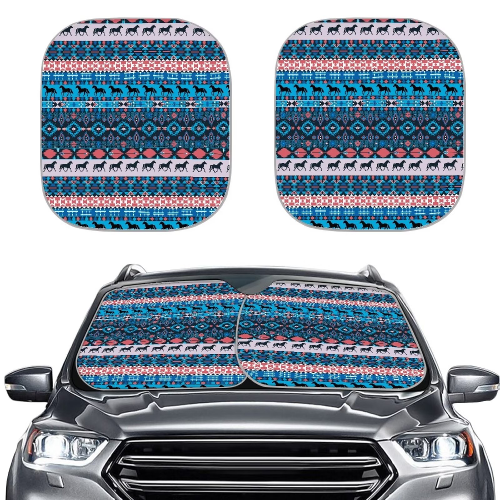Diaonm Blue Ethnic Geometric Aztec Horse Print 2 pc Windshield Sun ...