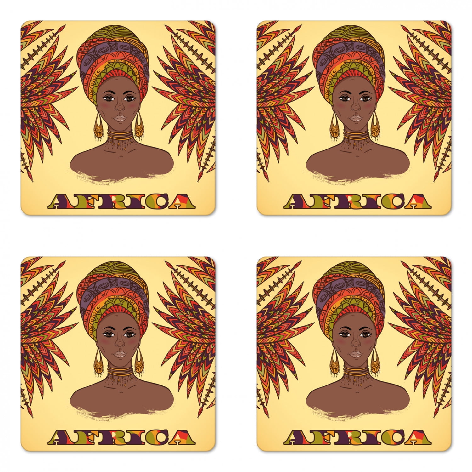 African Coaster Set of 4, Woman in Traditional Turban and Palms ...