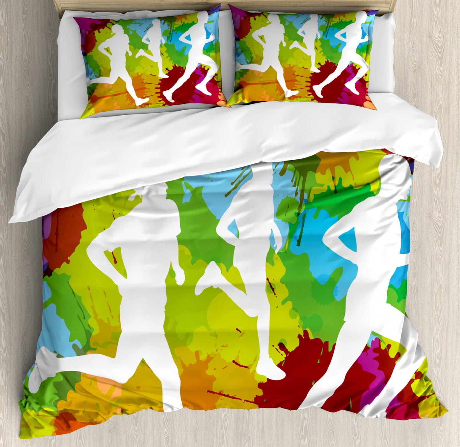Fitness Duvet Cover Set Queen Size, Runners Silhouettes on Watercolor ...