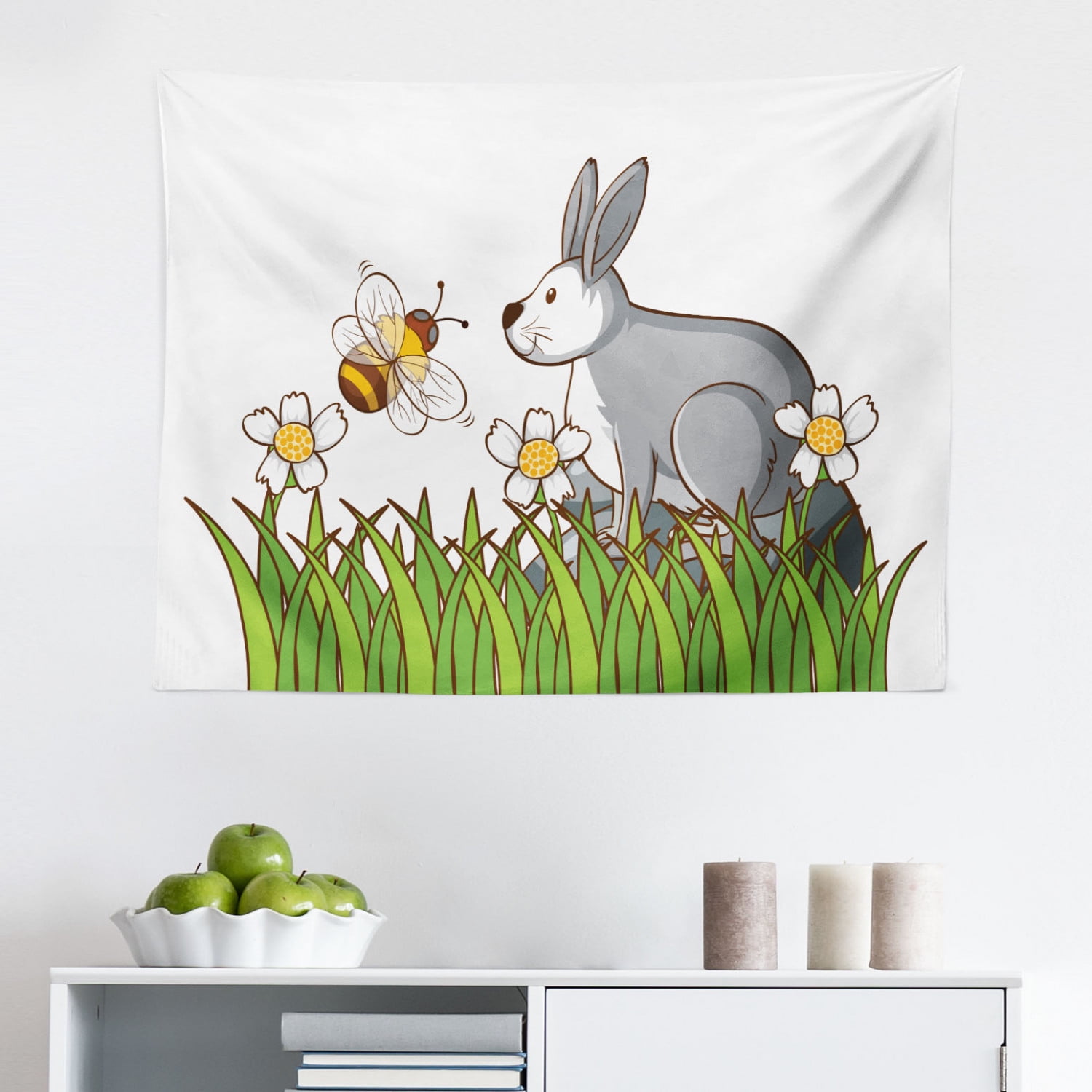 Bunny Tapestry, Indigenous Rabbit with Feather Holding a Flower and ...