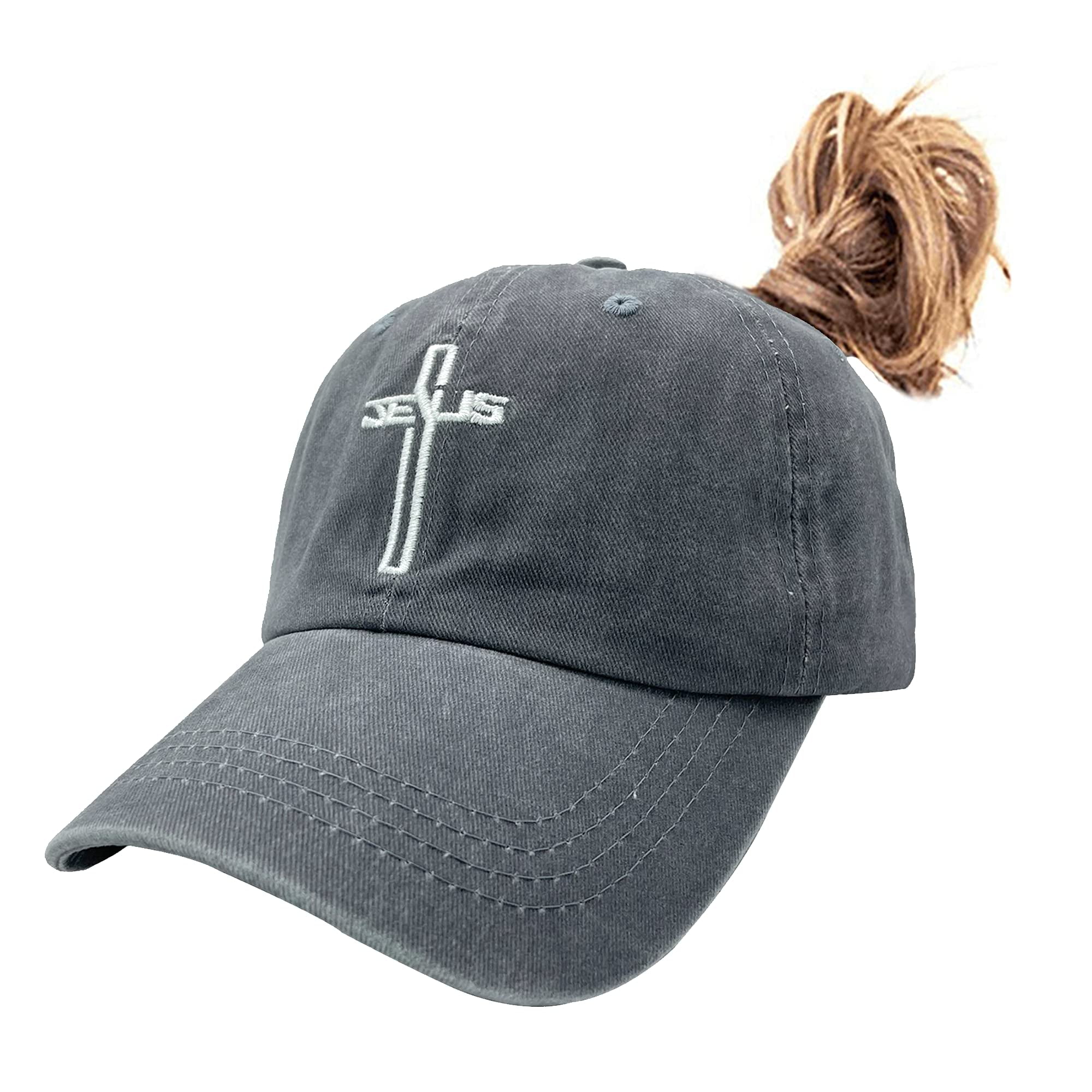 Christian Jesus Cross Hat, Embroidered Washed Baseball Cap, Ponytail ...