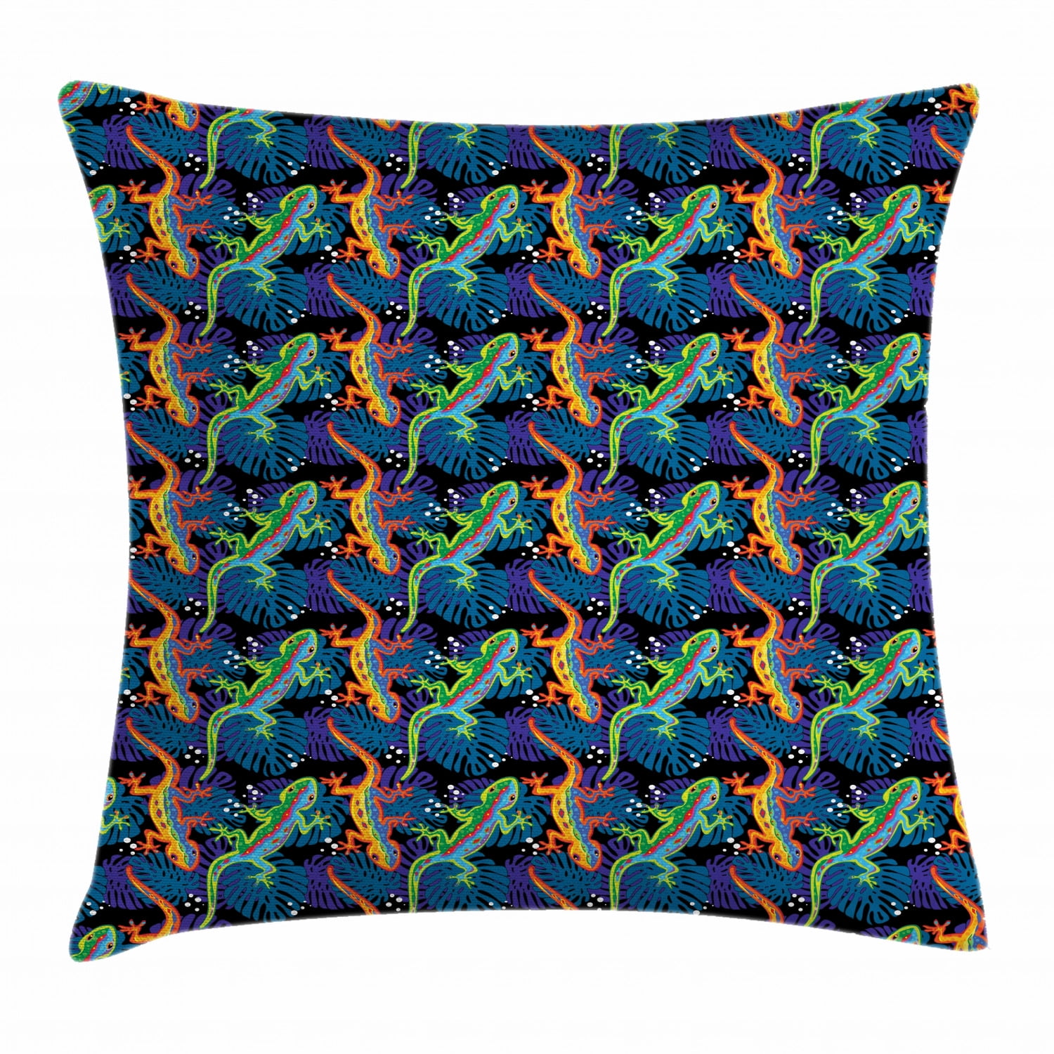 Gecko Throw Pillow Cushion Cover, Exotic Colorful Lizards on Monstera ...