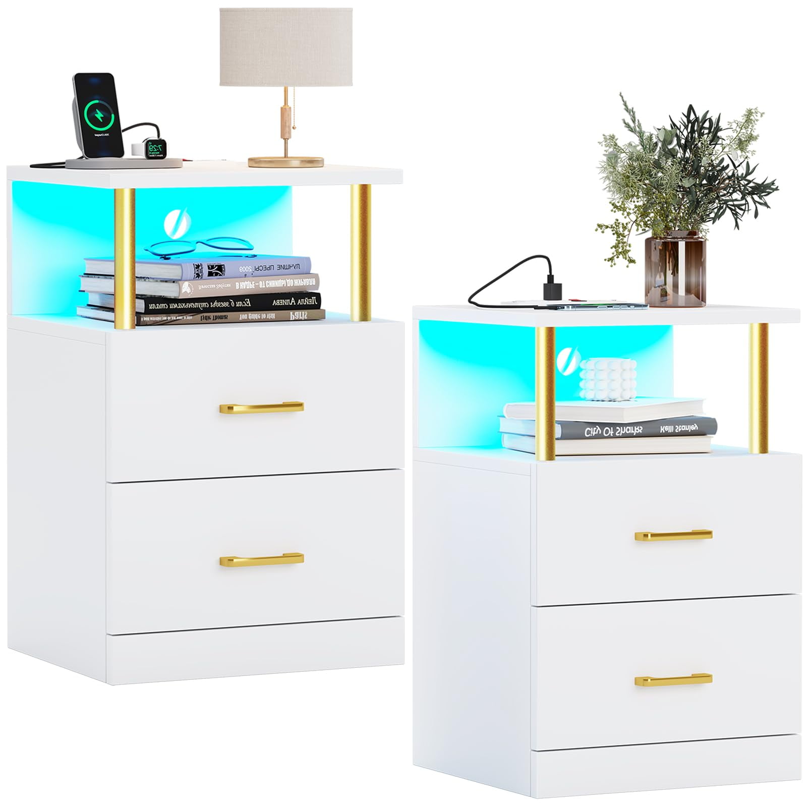 Nightstand Set of 2 with Charging Station and LED Lights, Modern ...