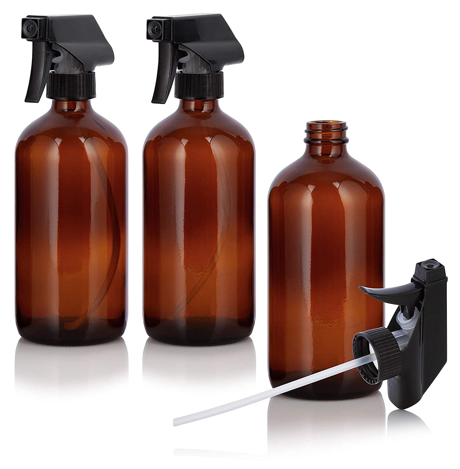 Amber Glass Boston Round Trigger Spray Bottle with Black Sprayer - 16 ...