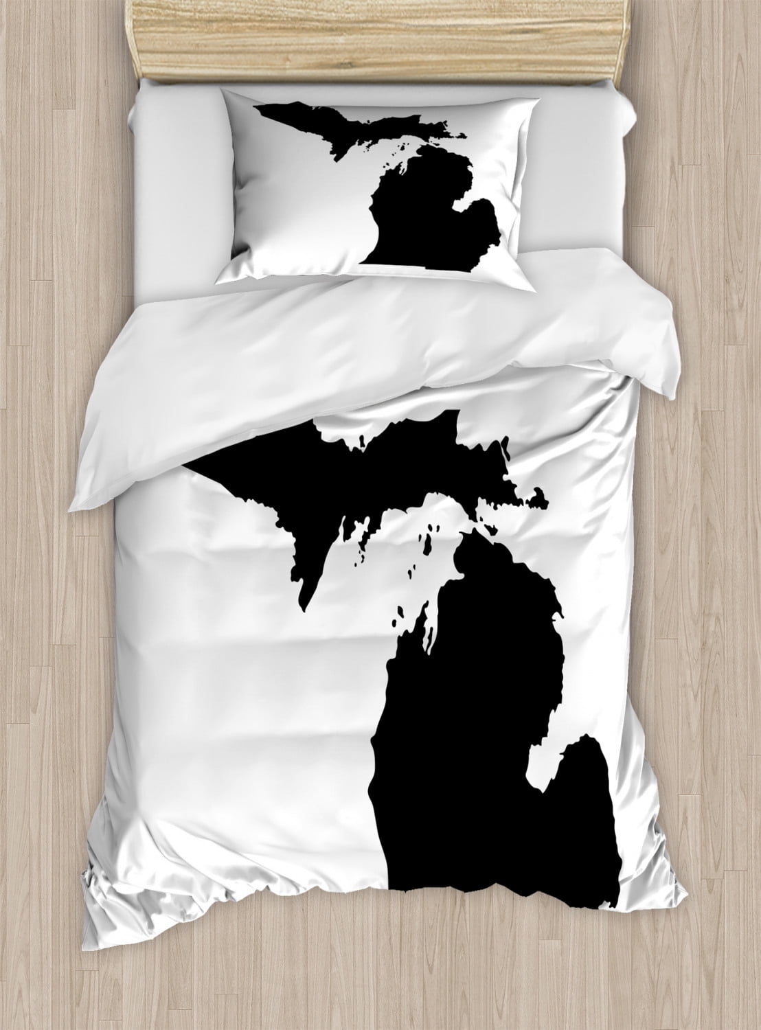 Michigan Duvet Cover Set Twin Size, Abstract Black Silhouette Map of ...