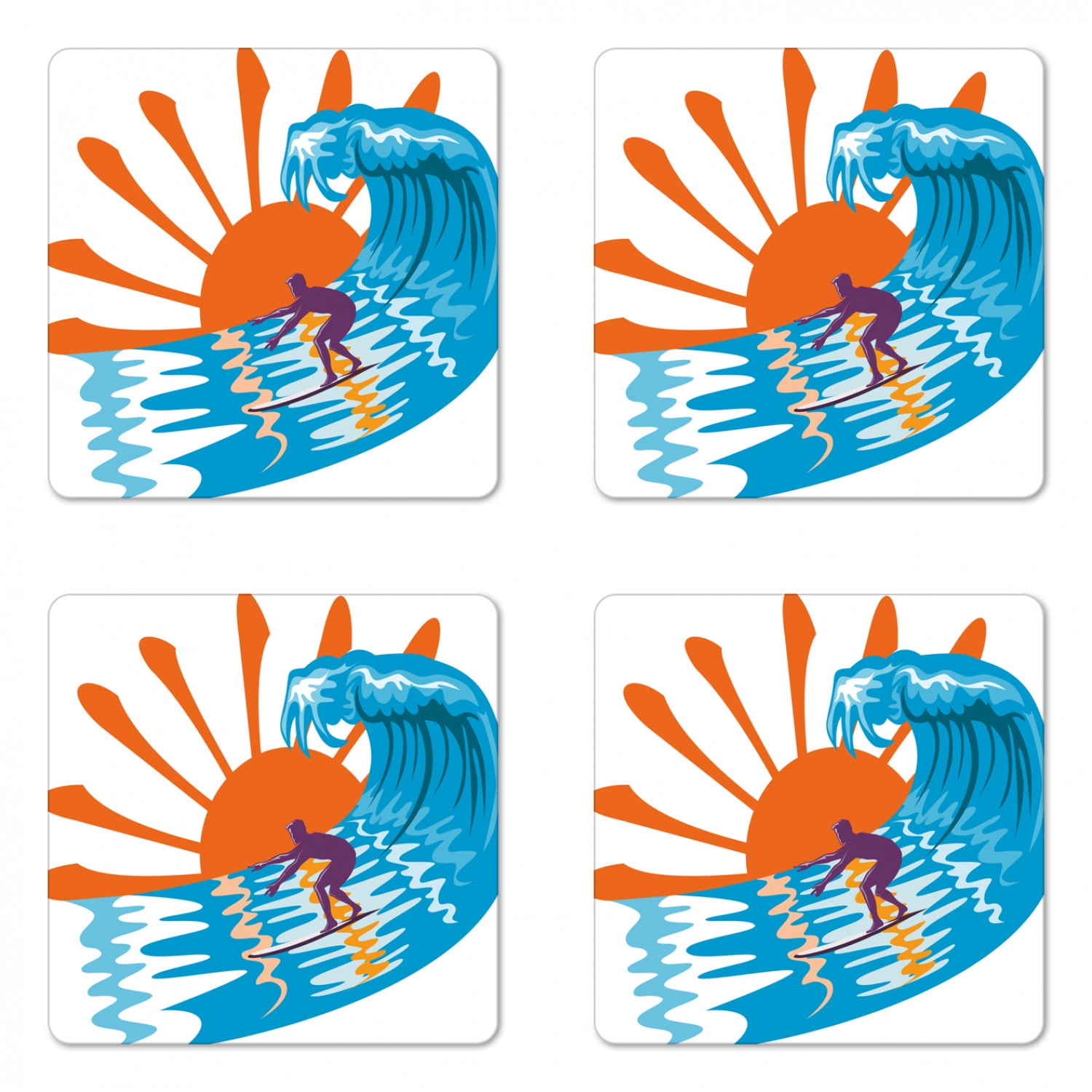 Summer Coaster Set of 4, Beach Theme Hot Vibes Surfing Sport Sea Ocean ...