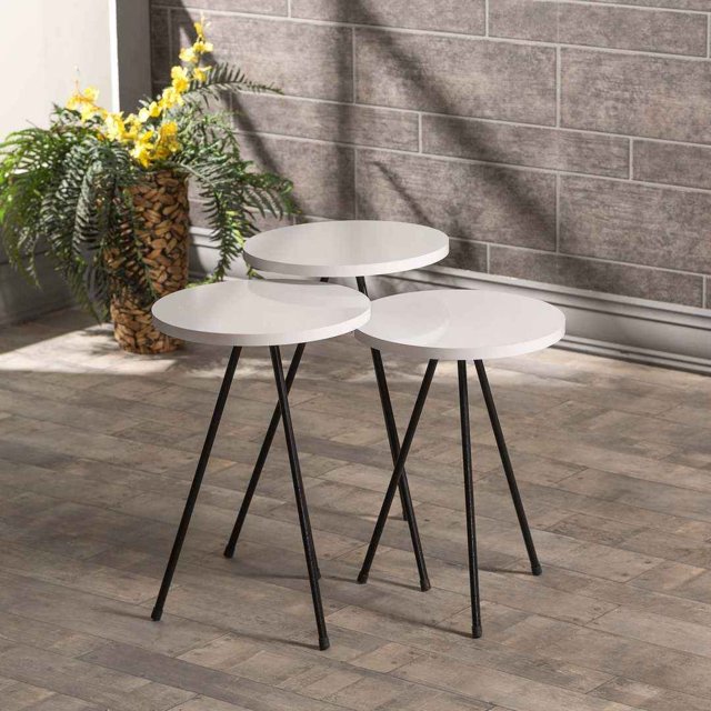 White Nesting Coffee Tables 3 PCS,Round Side Table With Black Metal ...