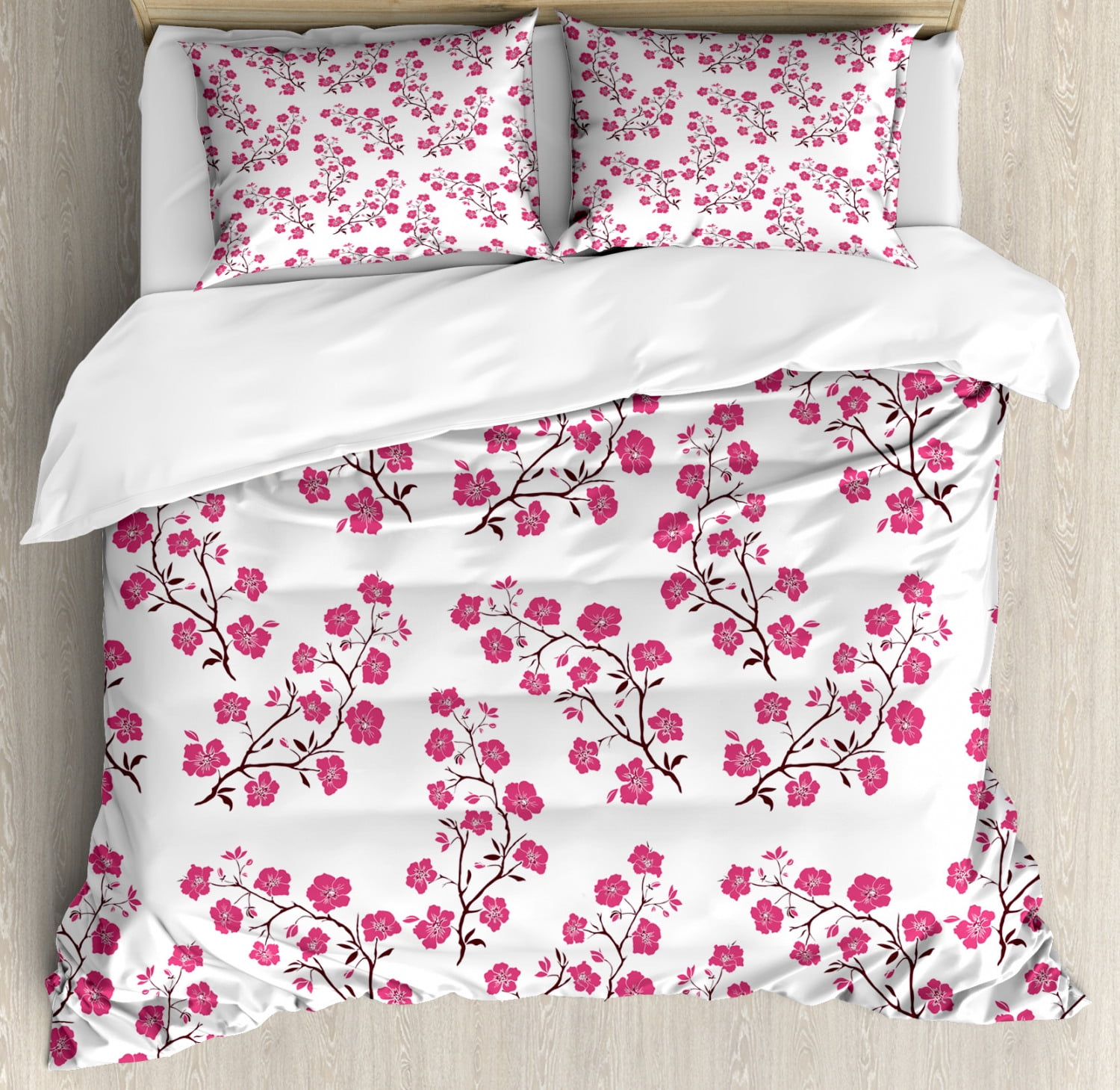 Floral Queen Size Duvet Cover Set, Twig of Sakura Trees with Bloomed ...