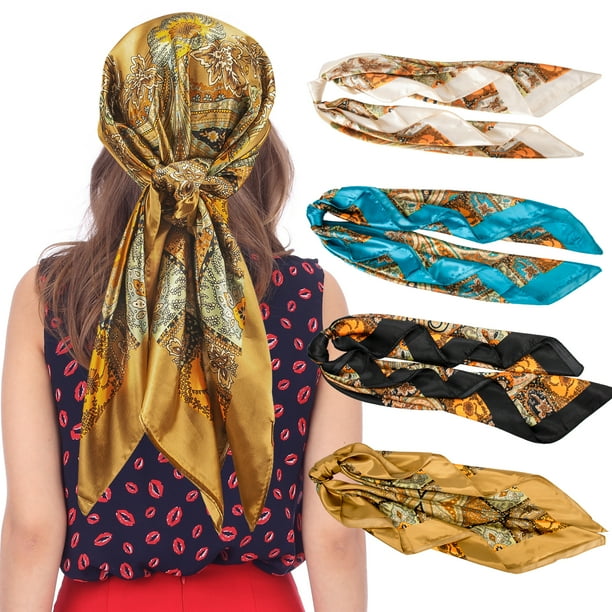4 Pack 35" Large Silk Scarf Satin Square Head Scarves Silk Like Neck ...