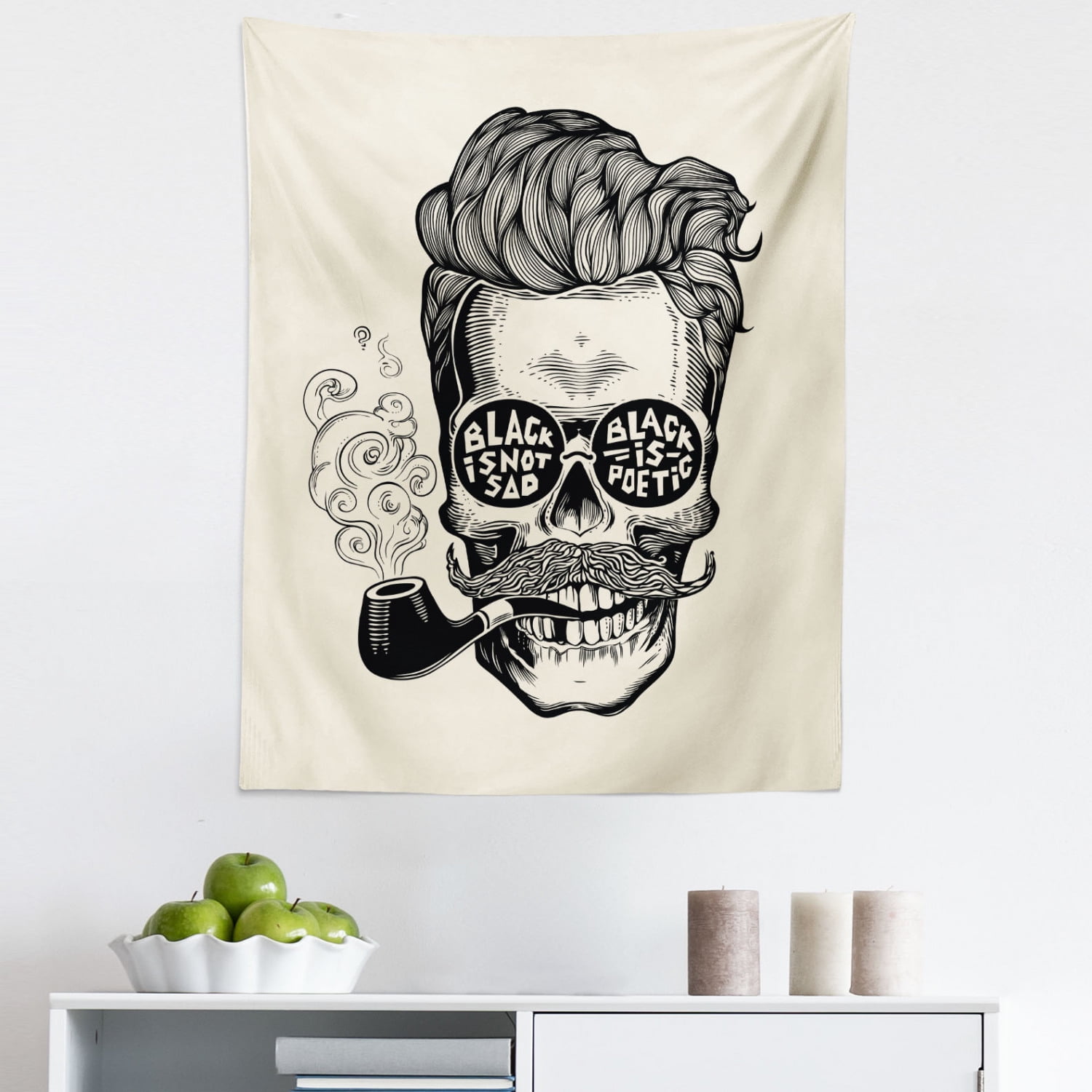 Indie Tapestry, Hipster Gentleman Skull with Mustache and Eyeglasses ...