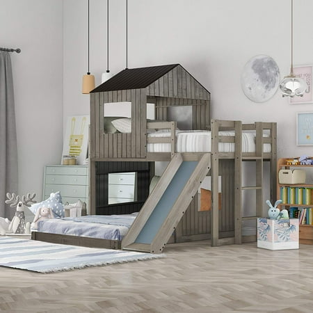 Churanty Twin Over Full Bunk Bed With Slide Wooden House Bunk Bed ...