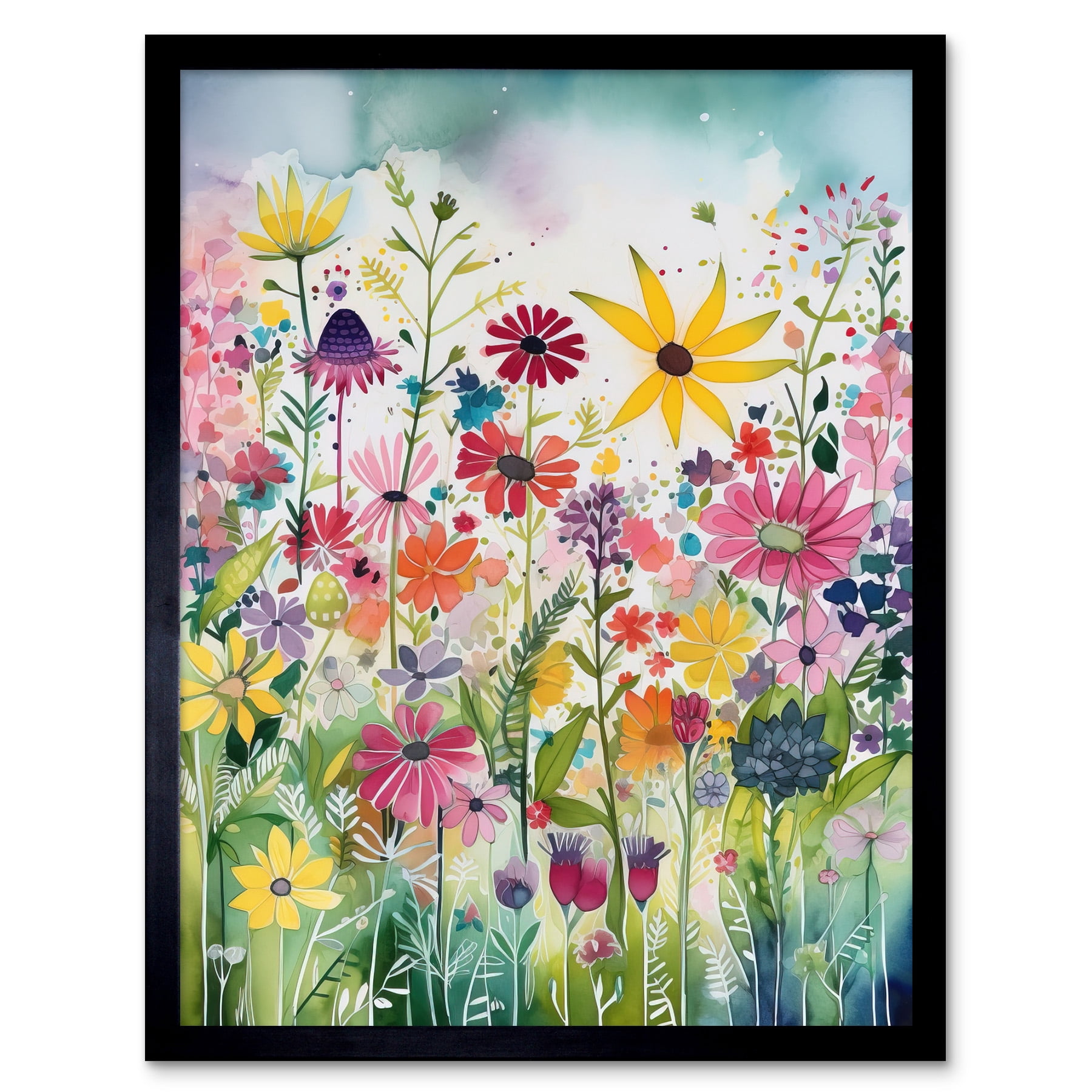 Bright Wildflower Floral Blooms Folk Art Art Print Framed Poster Wall ...