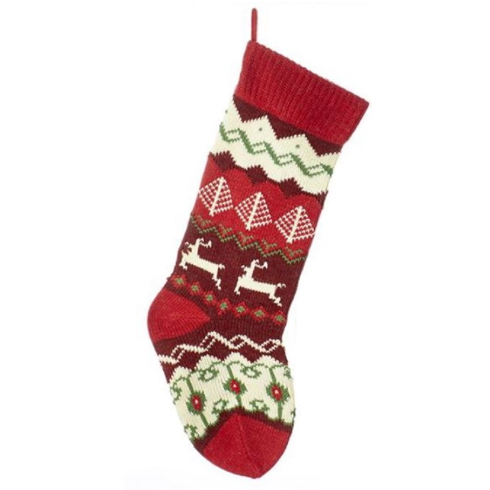 Red Green and Ivory Knit Reindeer Christmas Stocking 20 Inch New ...