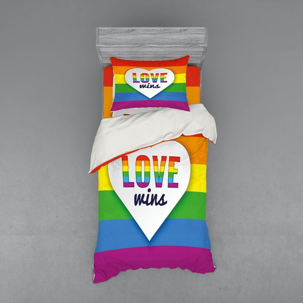 Pride Duvet Cover Set, Rainbow Flag with Stripes Heart with Love Wins ...