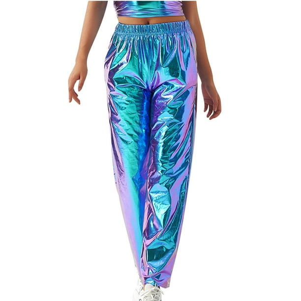 YYDGH Shiny Metallic Pants for Women Elastic High Waist Wide Leg Pants ...
