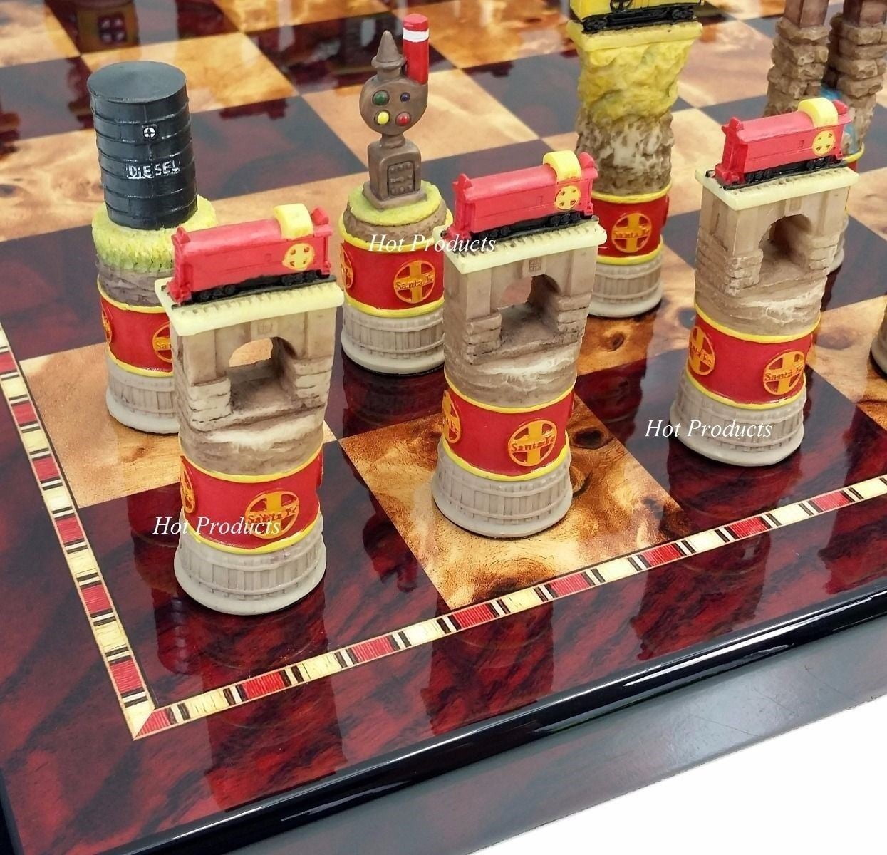 BNSF Santa Fe Railroad TRAIN Chess Set W 18" Gloss Cherry Color Board ...