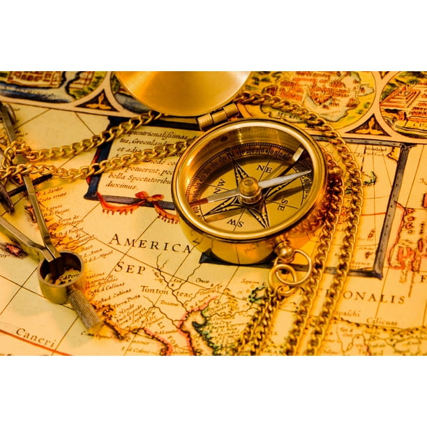 Vintage Brass Compass on Antique Map Photo Art Print Poster 18x12 inch ...