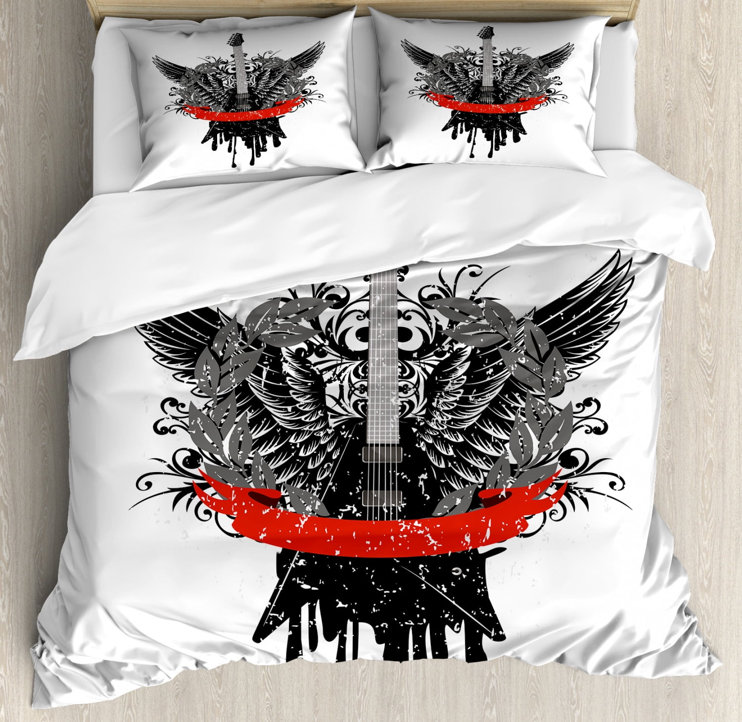 Rock Music Duvet Cover Set King Size, Guitar Wings Leaf Pattern Ribbon ...