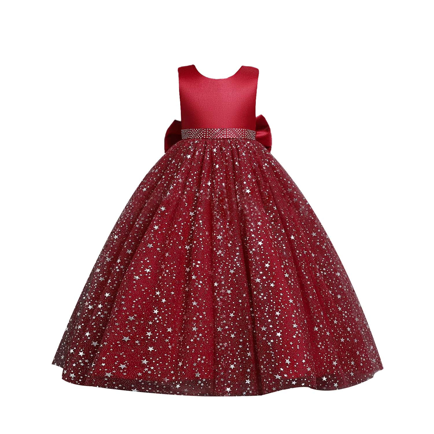 Girls Princess Gala Dress Long Tulle Sequin Bow Dress Birthday Party ...