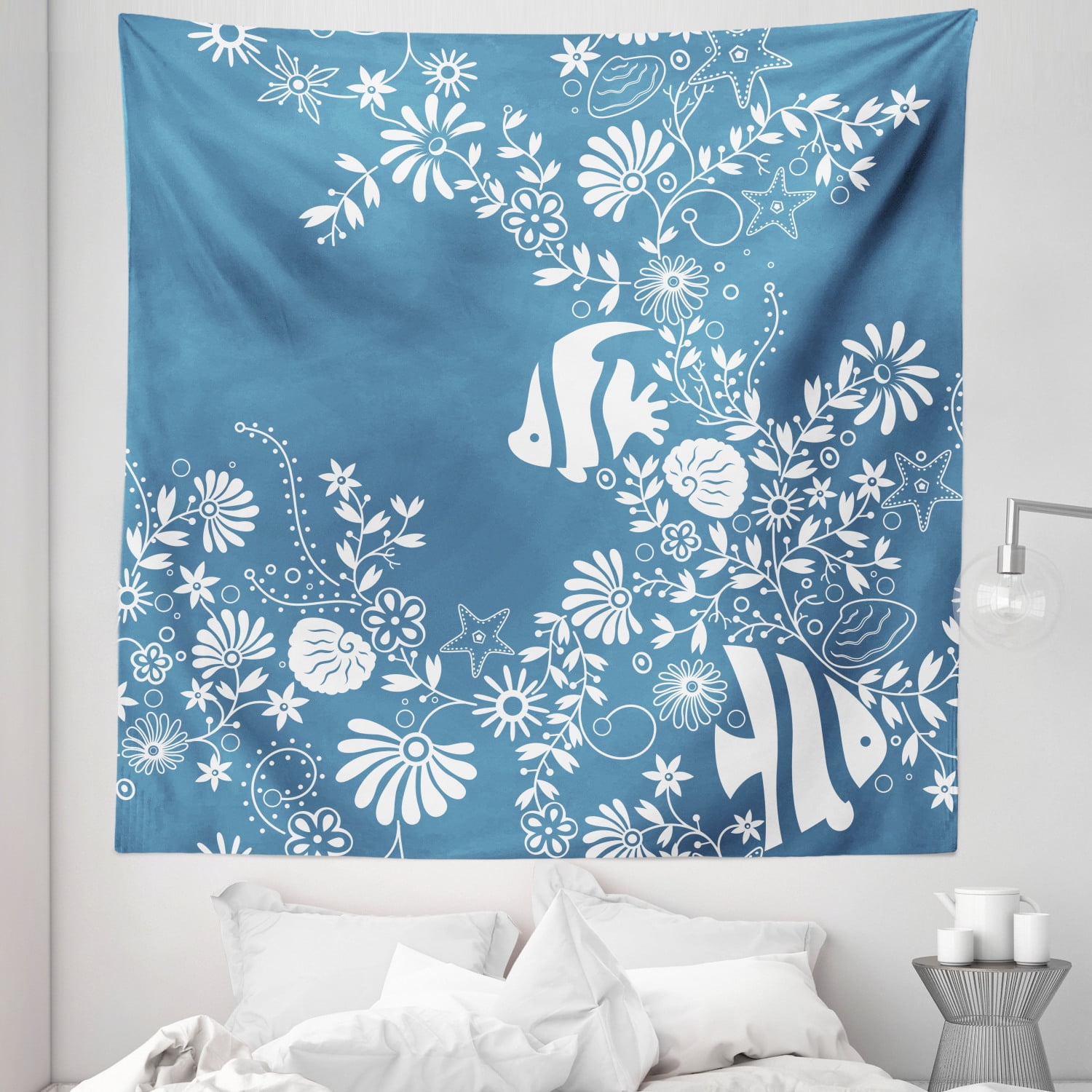 Sea Shells Tapestry, Floral Arrangement with Fishes Abstract Marine and ...
