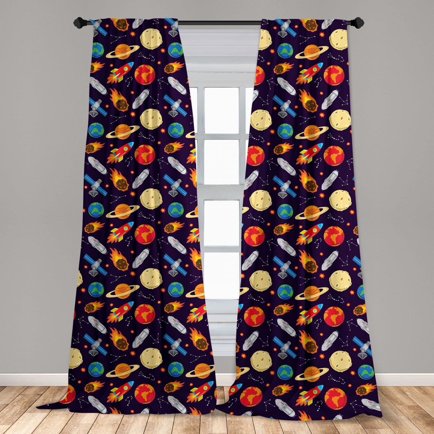Space Curtains 2 Panels Set, Universe Themed Illustration with Earth ...