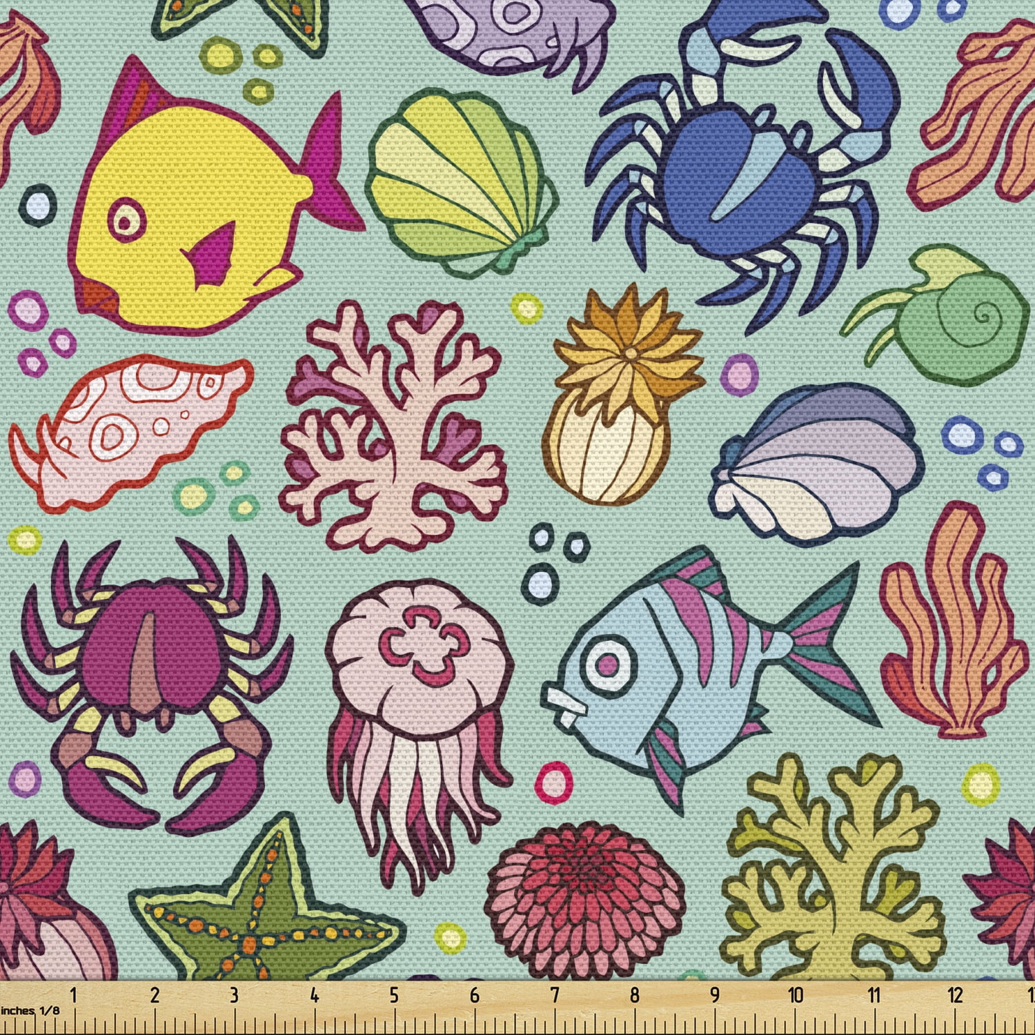 Fish Fabric by the Yard, Marine Animals and Plants Coral Reed Jellyfish ...