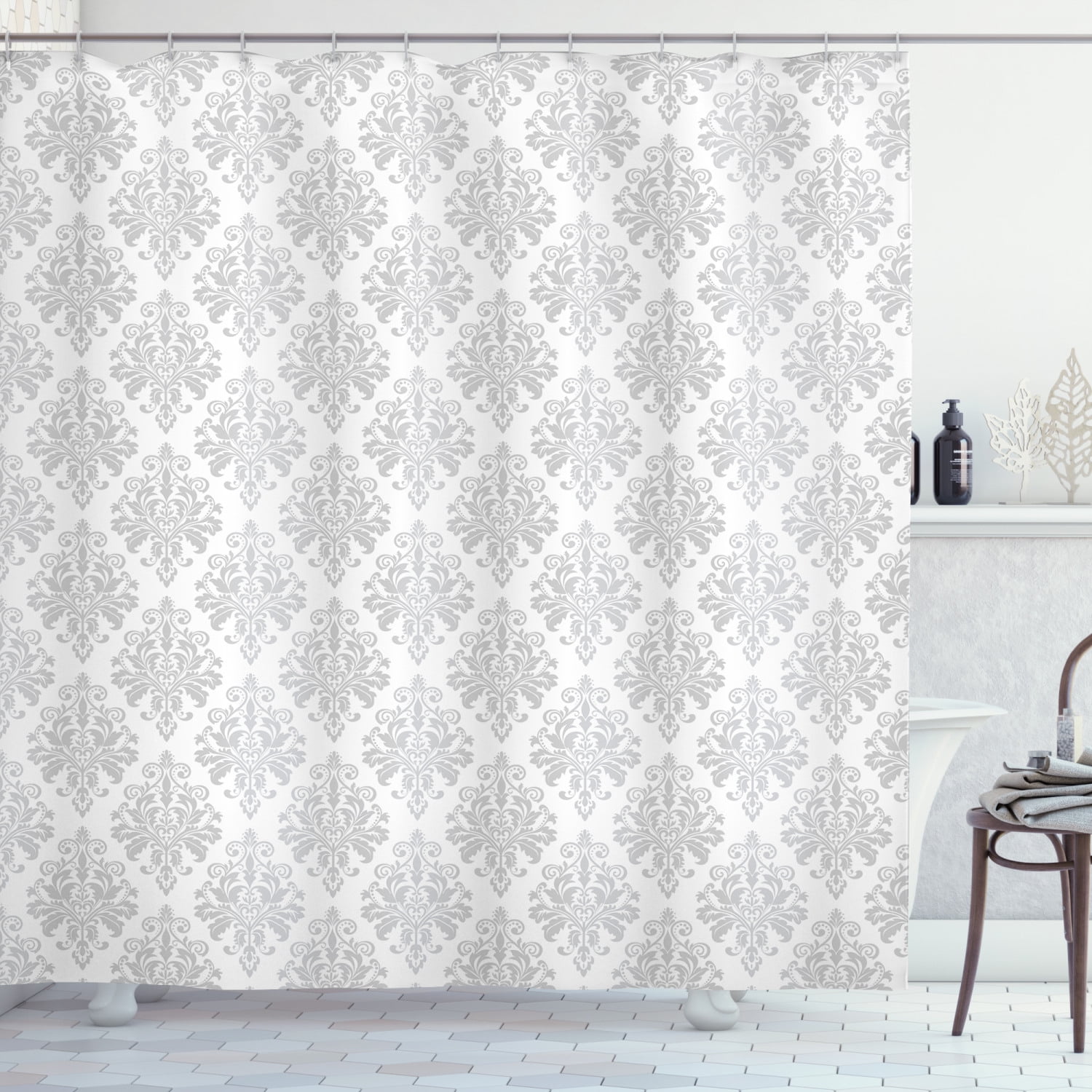 Damask Grey Shower Curtain Antique Baroque Pattern Of Continuous