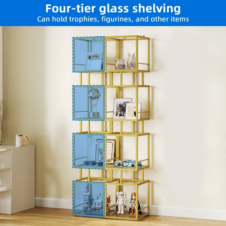 Dextrus Gold Bookshelf S Shape Modern Gold Bookcase with 4 Tier Glass Bookcase with Metal Frame Tall Display Rack Storage Organizer for Office