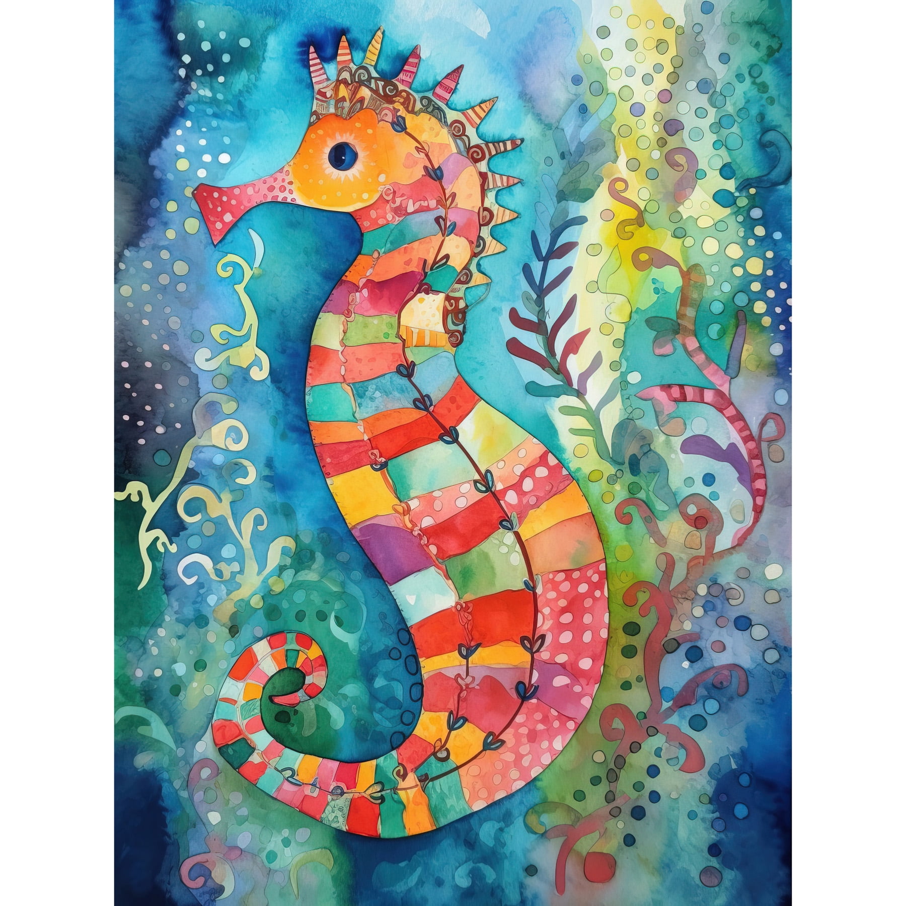 Seahorse In Aquatic Plants Folk Art Unframed Wall Art Print Poster Home ...