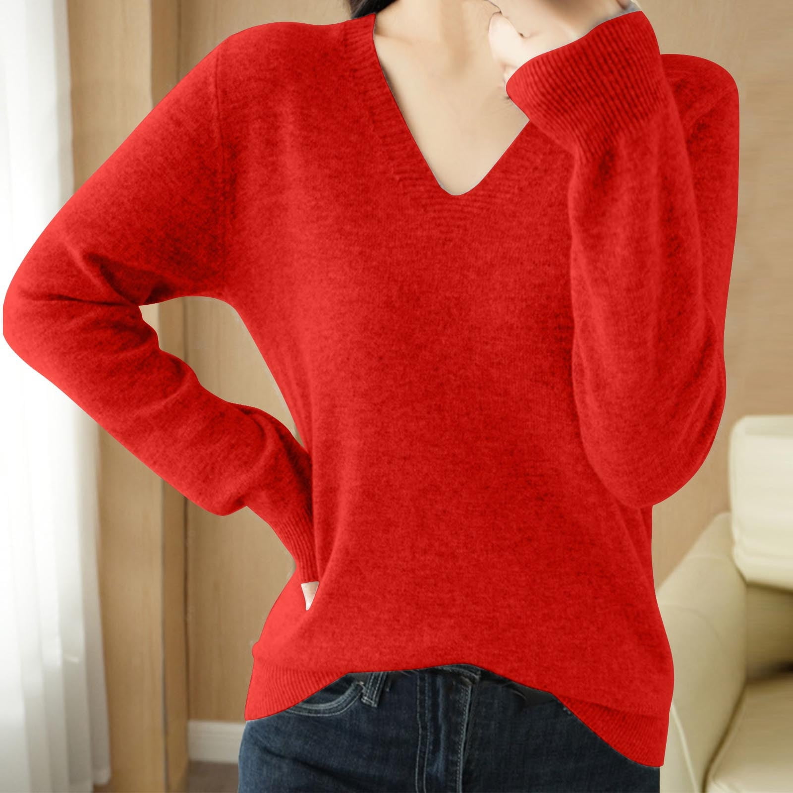 Click here for Asjyhkr Tops For Women Long Sleeve Knit Cotton V N... prices