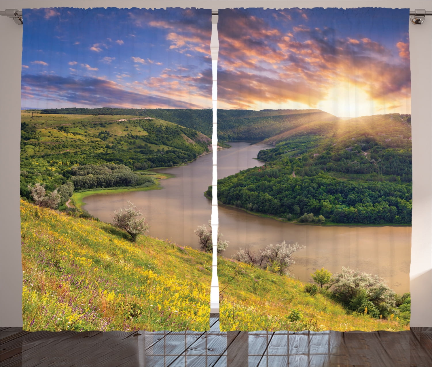 Lake House Decor Curtains 2 Panels Set, Rising Sun Over Calm Riverbed ...