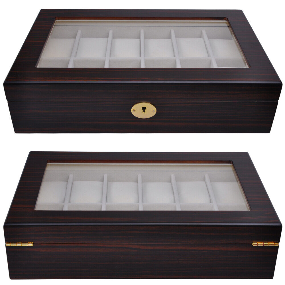 12 Ebony Wood Glass Top Watch Display Case Jewelry Box Collector ...
