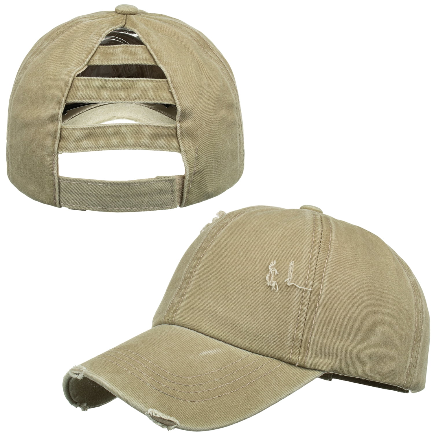 Toptie Women 3-Stripe Ponytail Baseball Cap Distressed Washed Messy ...