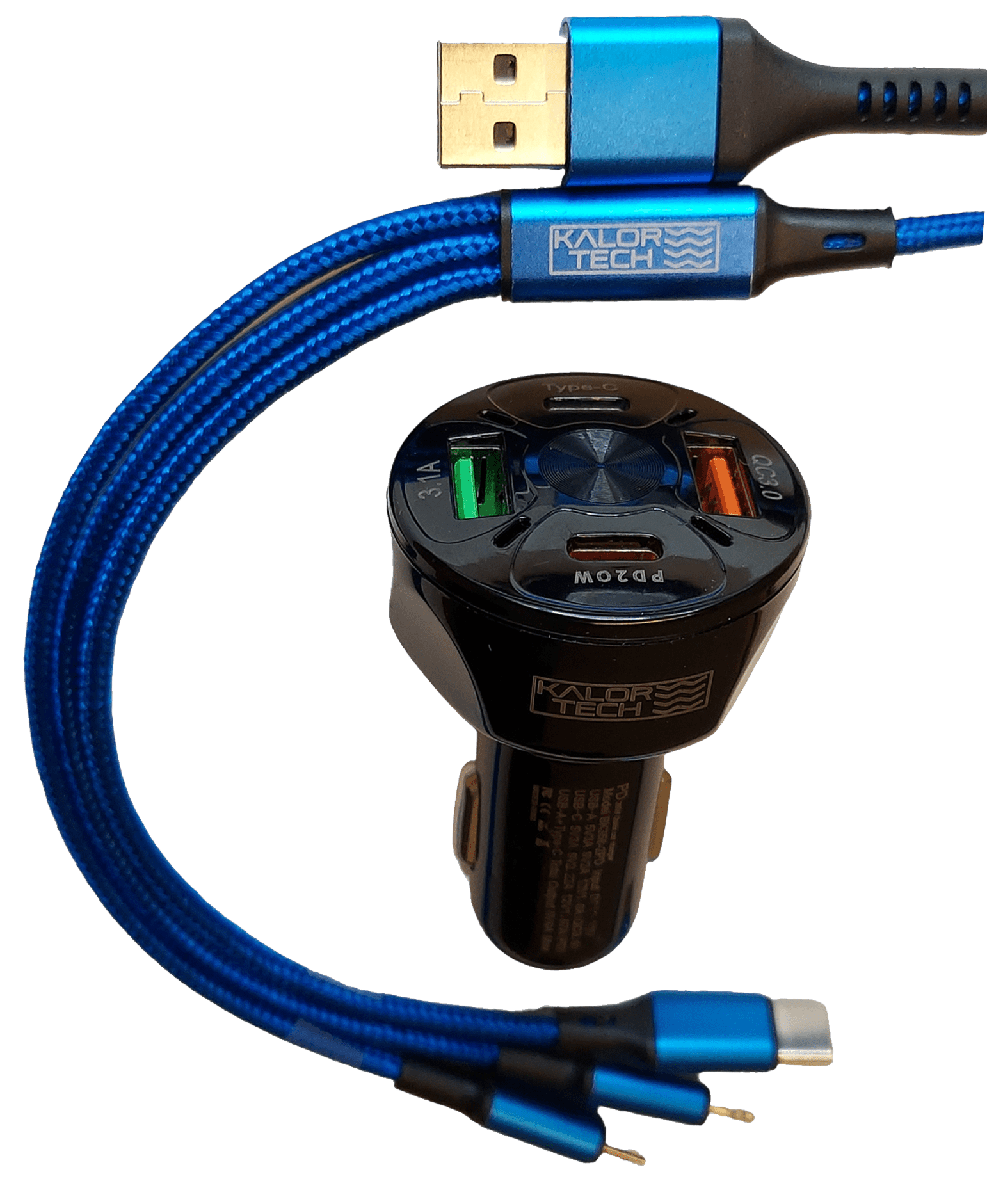KALOR TECH Four-Port Car Charger and Multiport Cable with Quick Charge ...