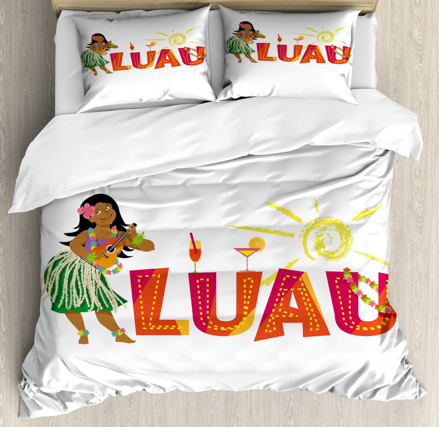 Luau Duvet Cover Set Queen Size, Colorful Hula Dancer Girl with a ...