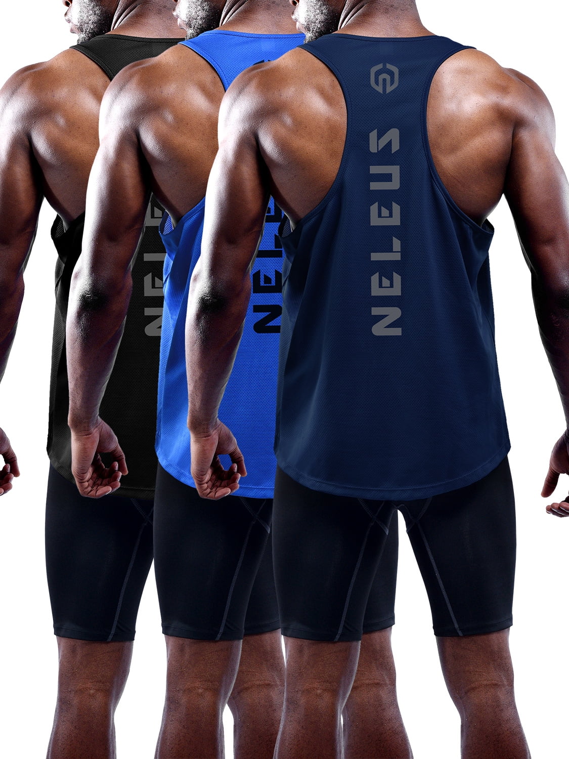 NELEUS Mens Dry Fit Y-Back Muscle Tank Top 3 Pack,Black+Blue+Navy Blue ...