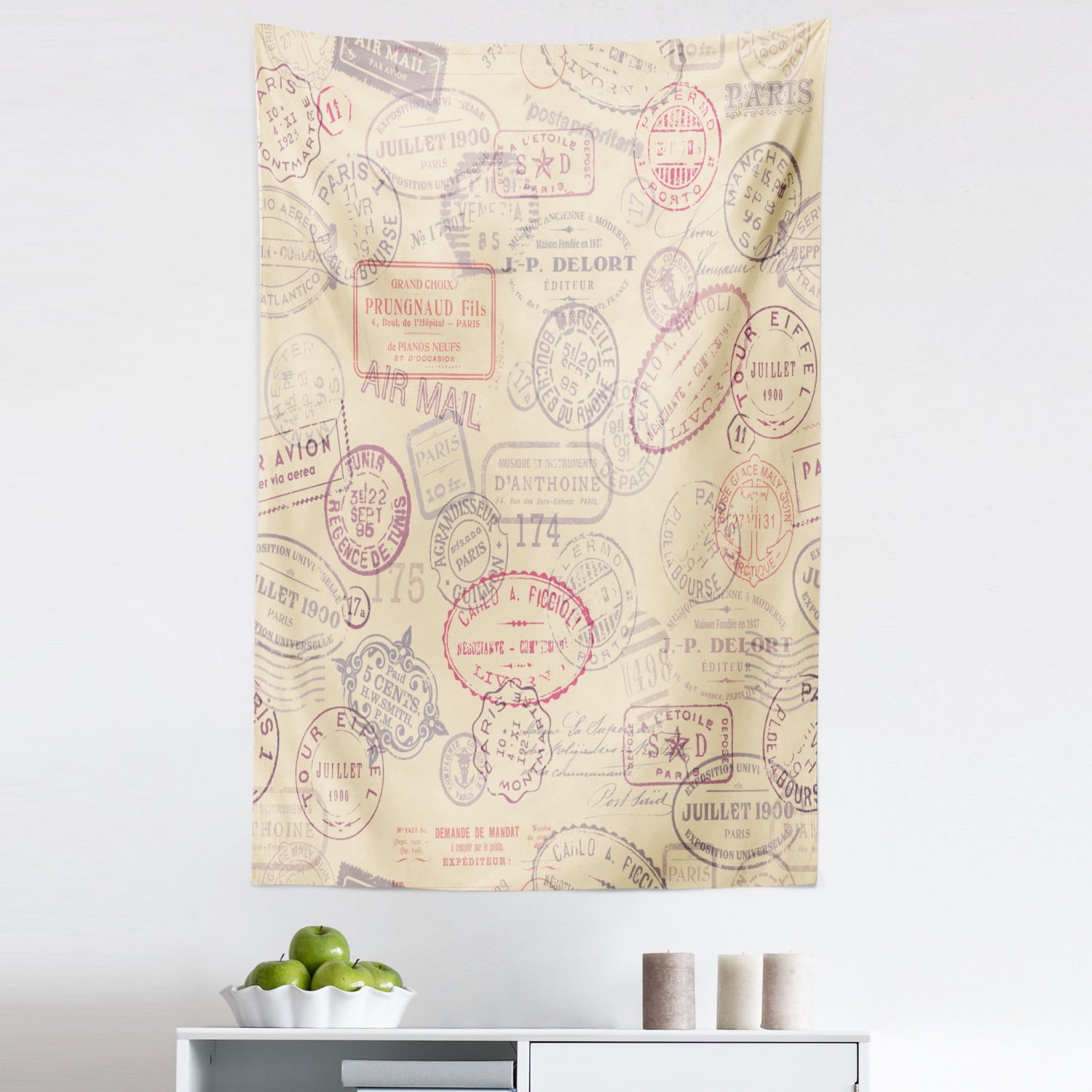 Vintage Tapestry, Retro Design Inspired Postage Illustration Beige ...