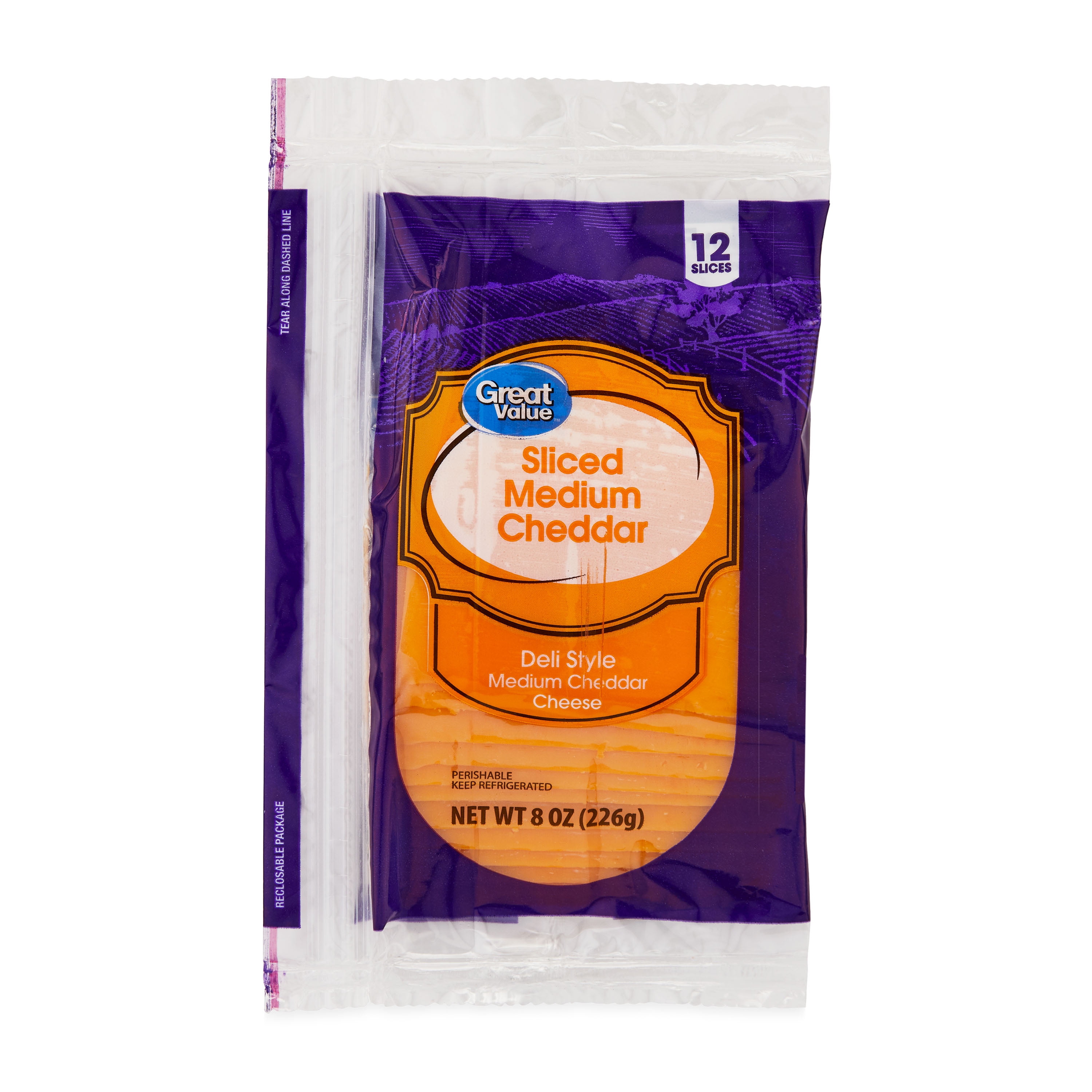 Great Value Deli Style Sliced Medium Cheddar Cheese, 8 oz, 12 Count ...
