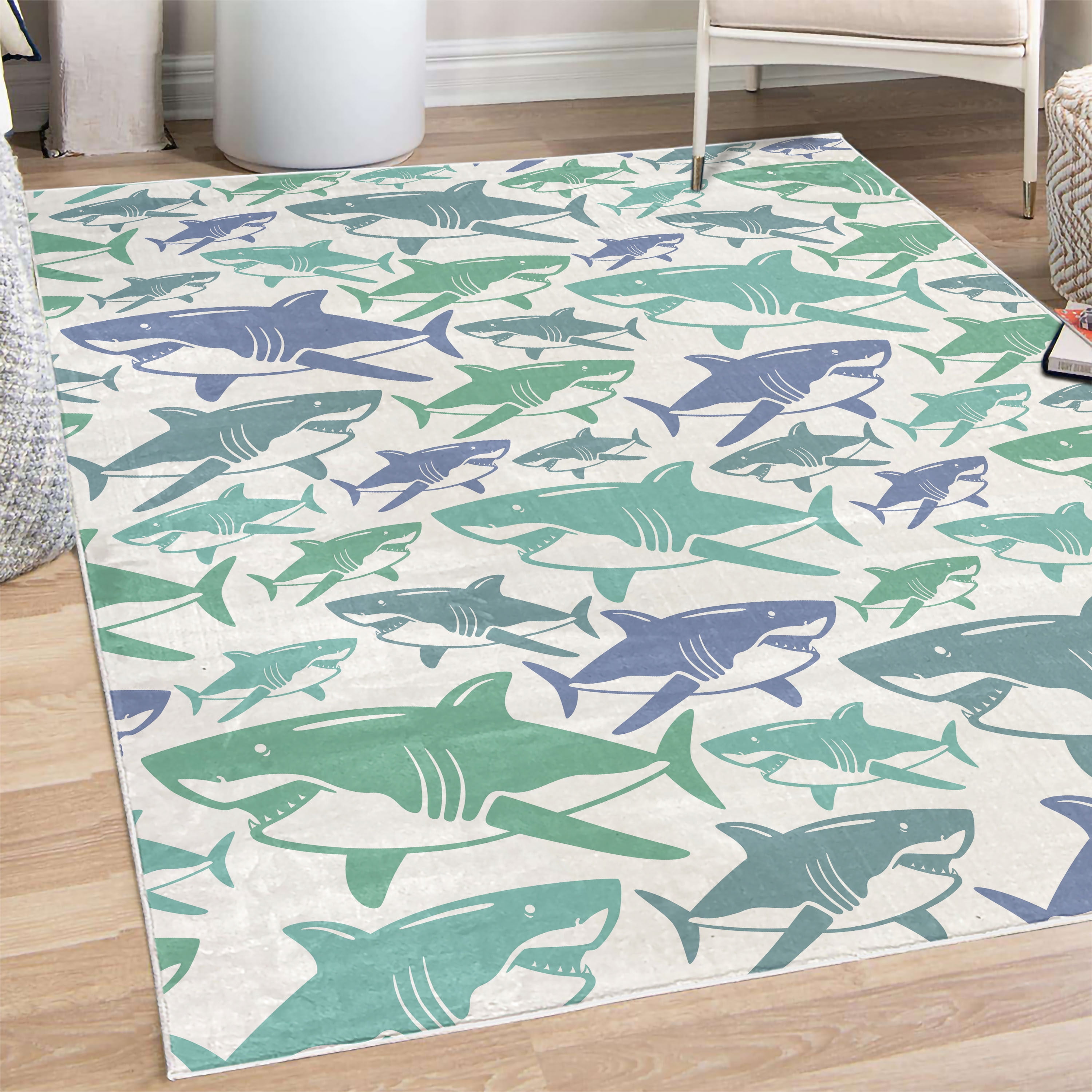 Shark Decorative Rug, Colorful Underwater Fish Pattern Masters Survival ...