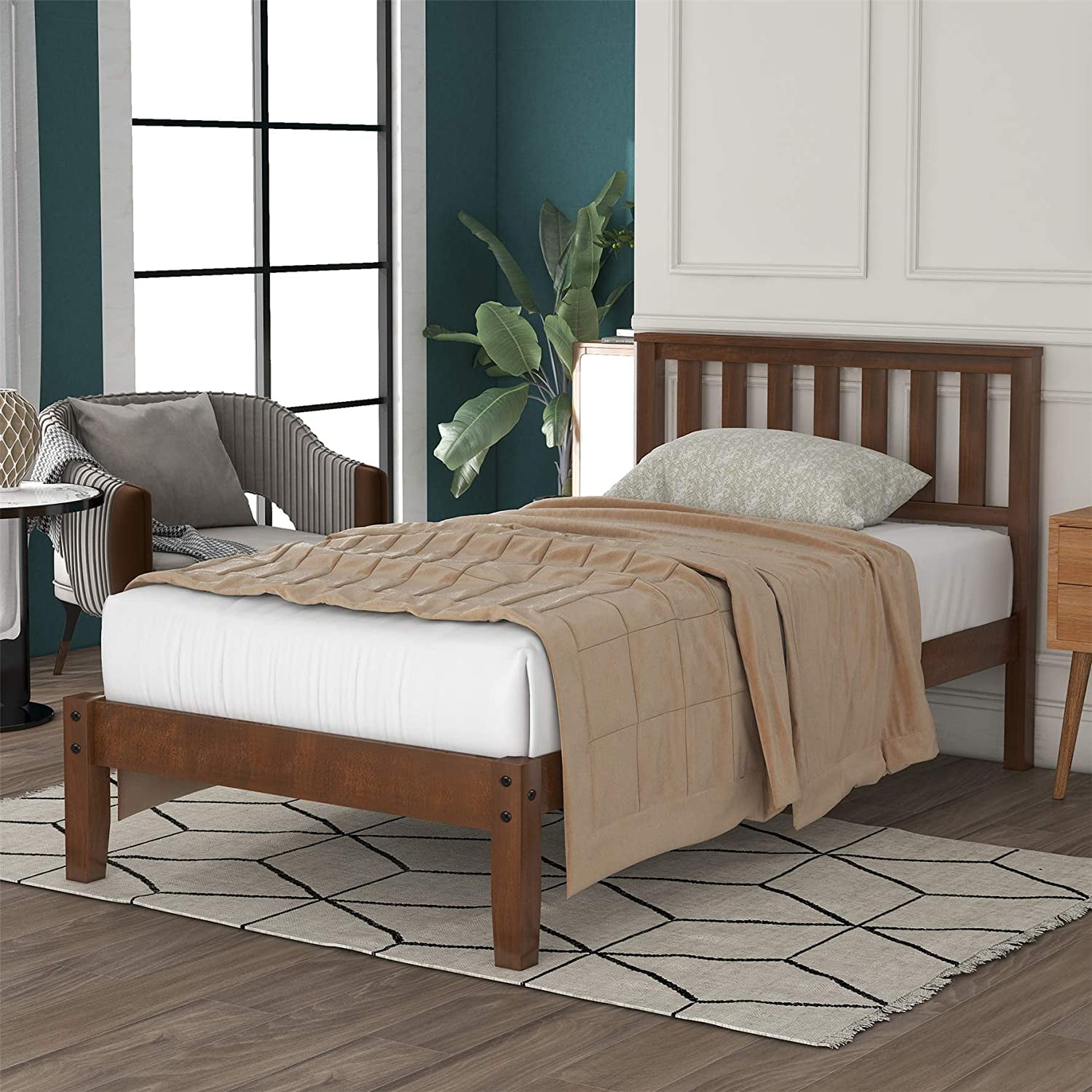 Churanty Twin Size Wood Bed Frame with Headboard,Walnut - Walmart.com