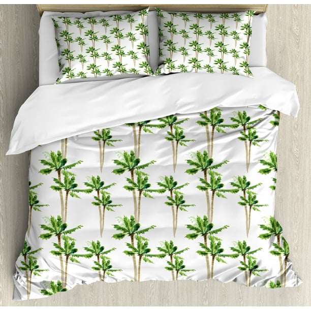 Palm Tree King Size Duvet Cover Set, Watercolor Style Forest Pattern of ...