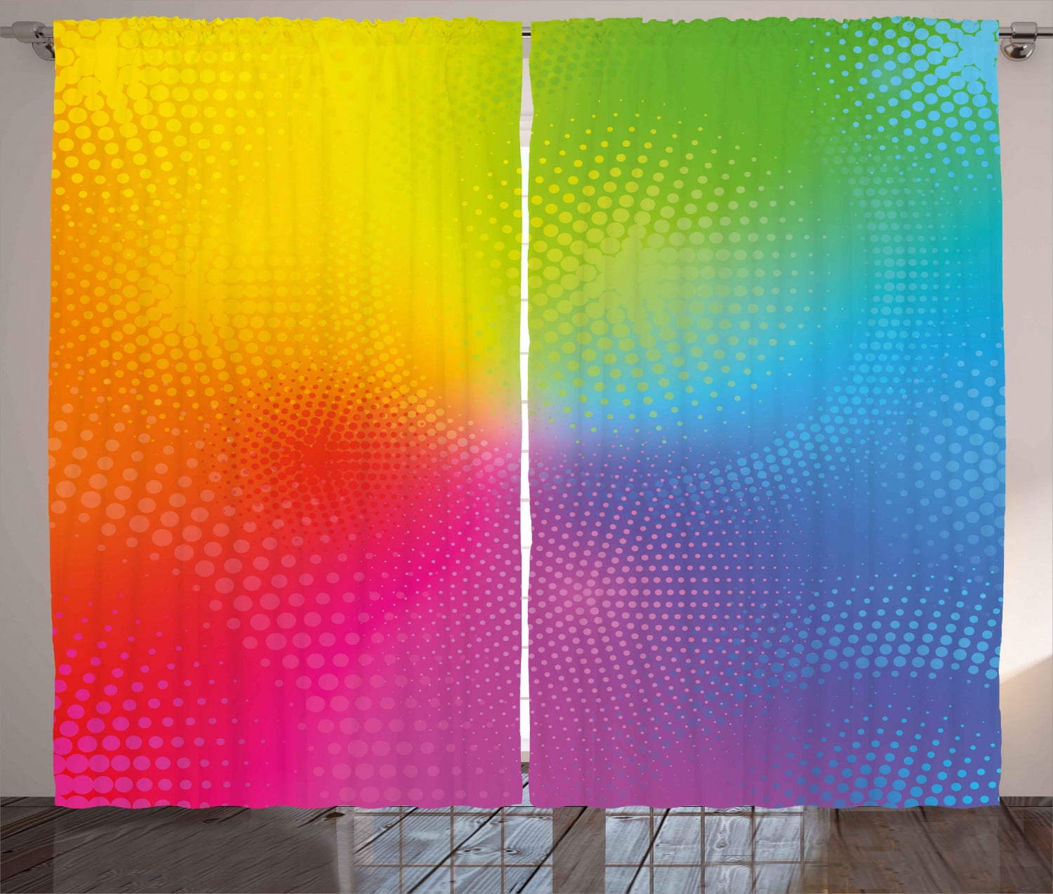 Rainbow Curtains 2 Panels Set, Vibrant Neon Colors Circles Rounds Dots ...