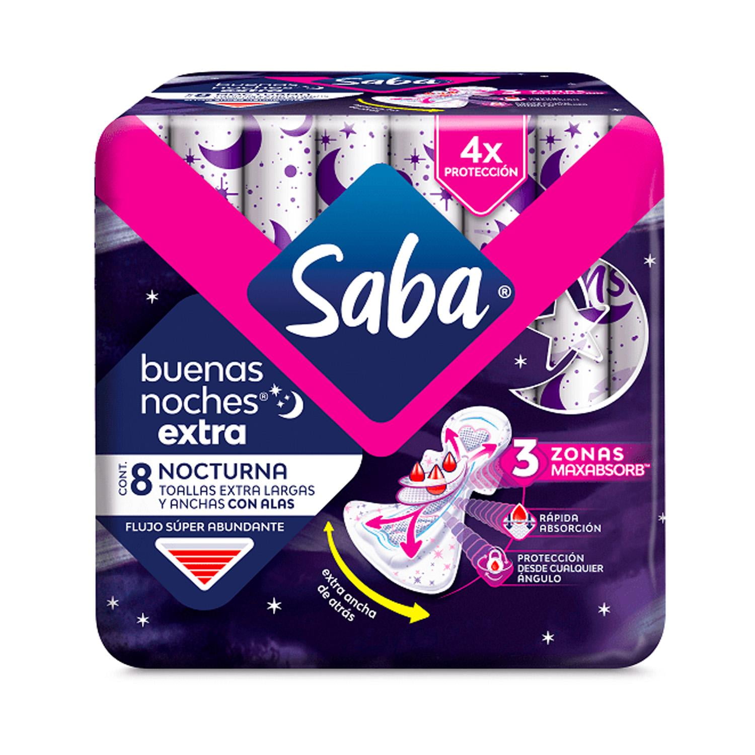 Toallas Sanitarias Saba Buenas Noches Extra c/Alas 8 Piezas | Bodega ...