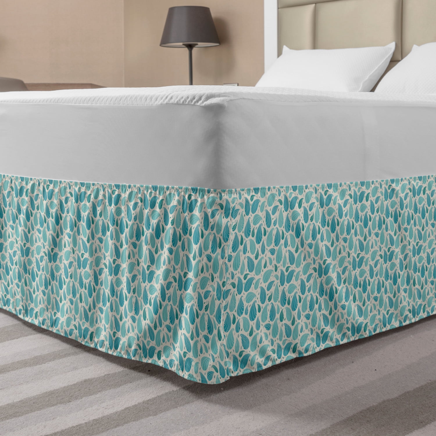 Blue Bed Skirt, Raindrop Style Curly Leaves Motif in Soft Tones Nature ...