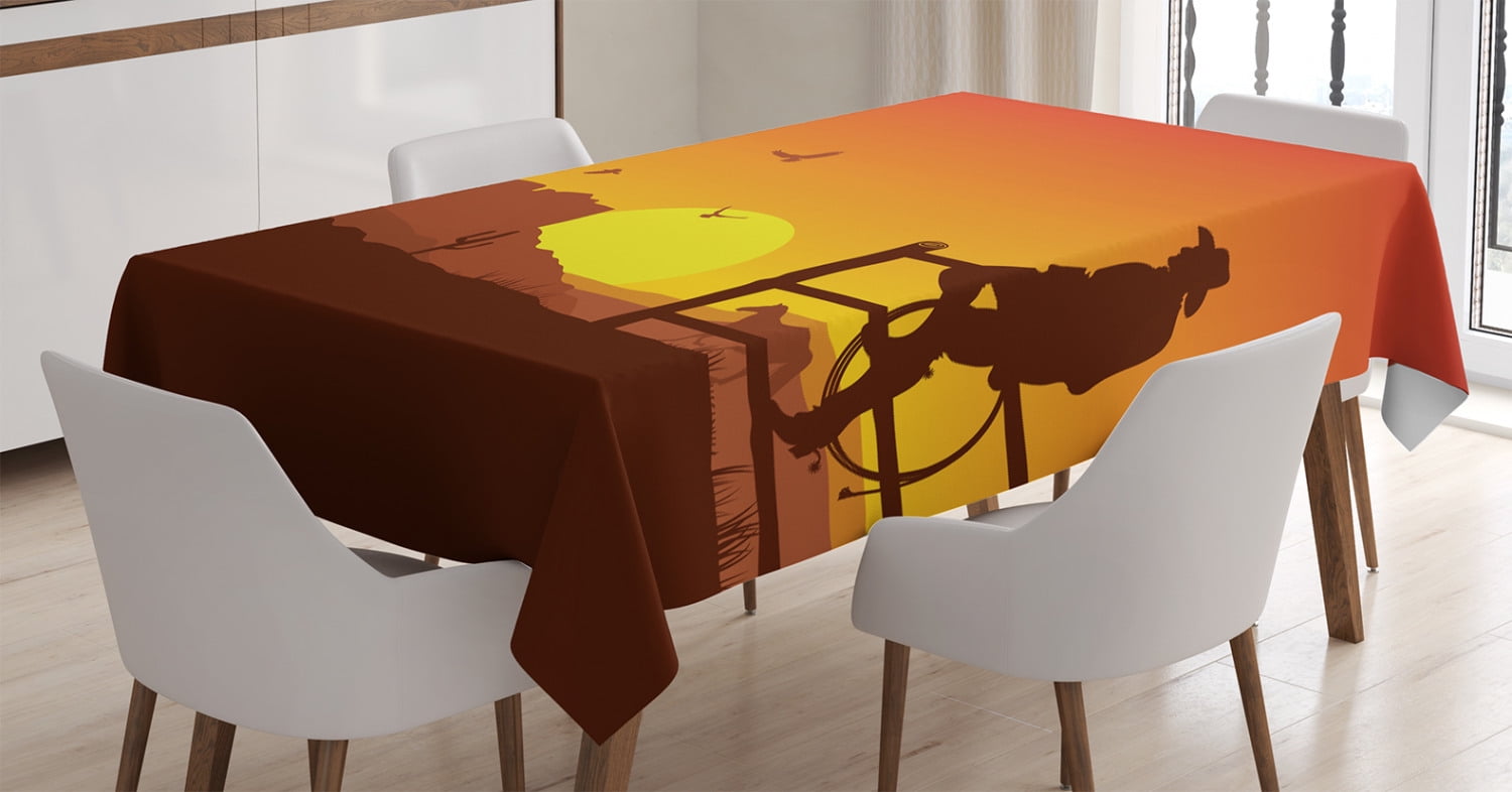 Western Tablecloth, Silhouette of Cowboy in Wild West Sunset Scene ...